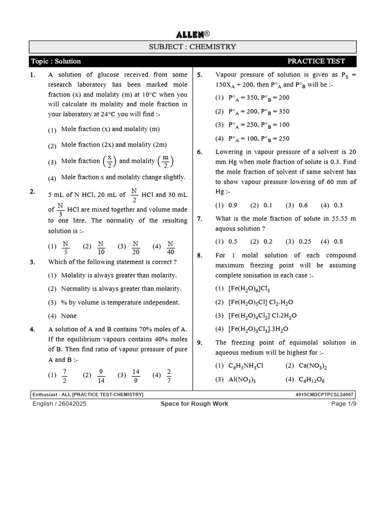 Topic: Solution Practice Test | PDF | Aqueous Solution | Chemical ...