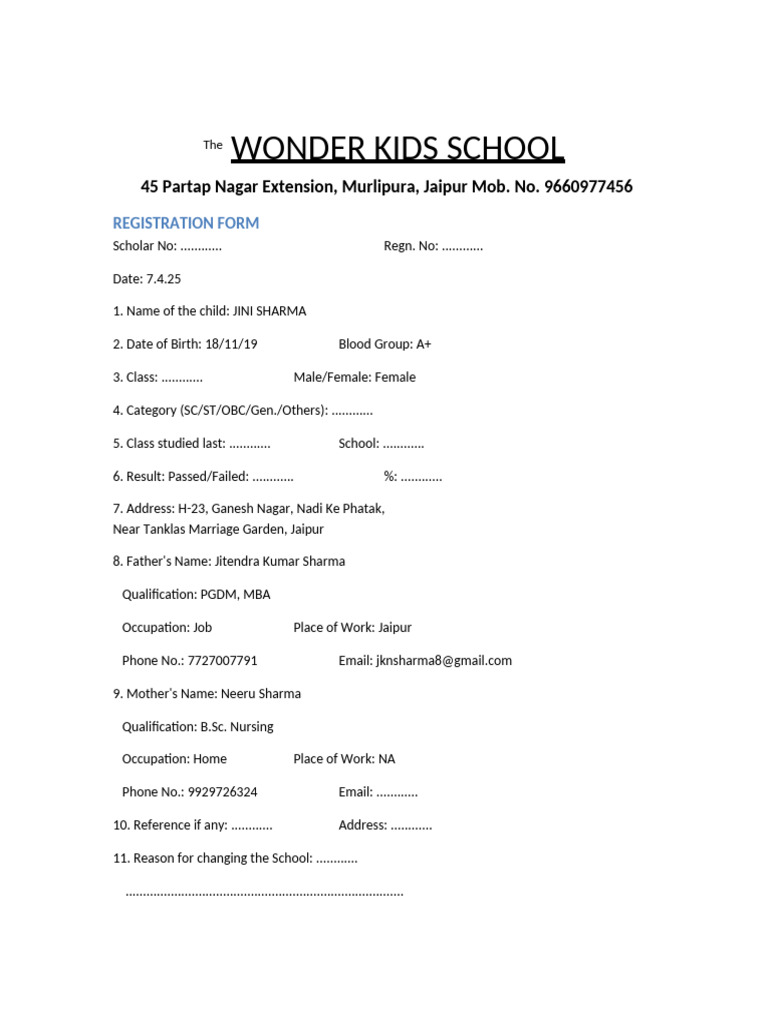 Wonder Kids School Registration Form | PDF