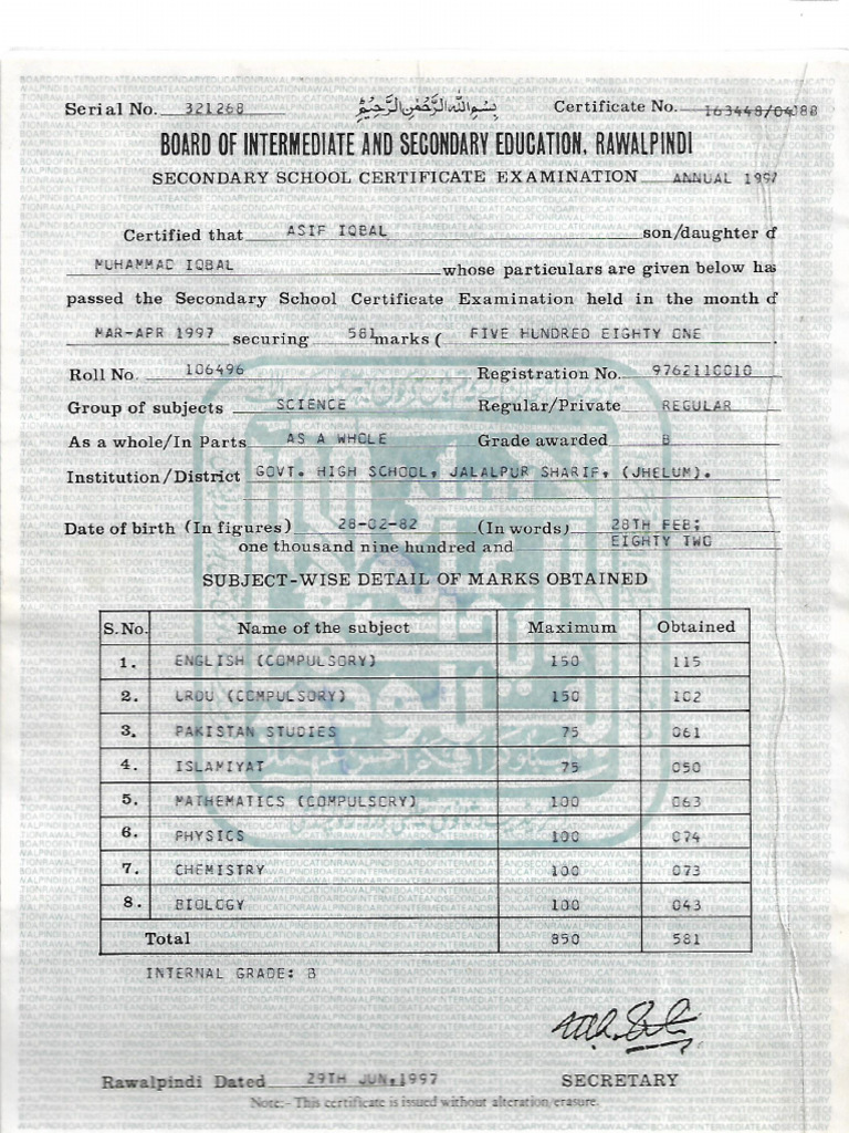 Asif Iqbal Matric Result Card | PDF