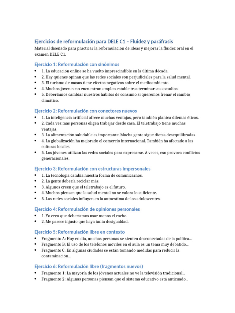 Ejercicios DELE C1: Reformulación y Fluidez | PDF