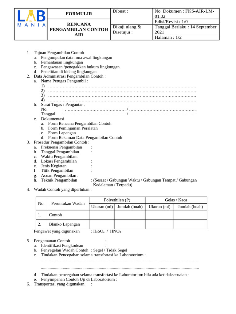 02 Form Rencana Pengambilan Contoh Air | PDF