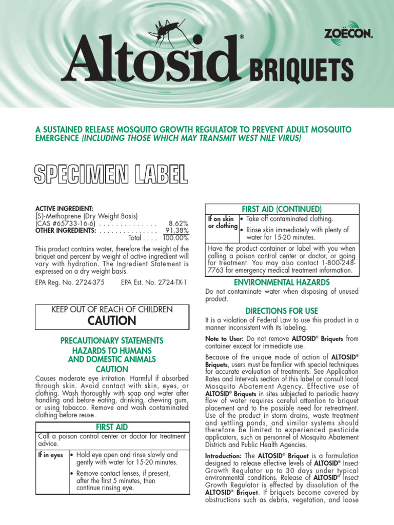 Altosid Briquets Specimen Label | PDF | Storm Drain | Water