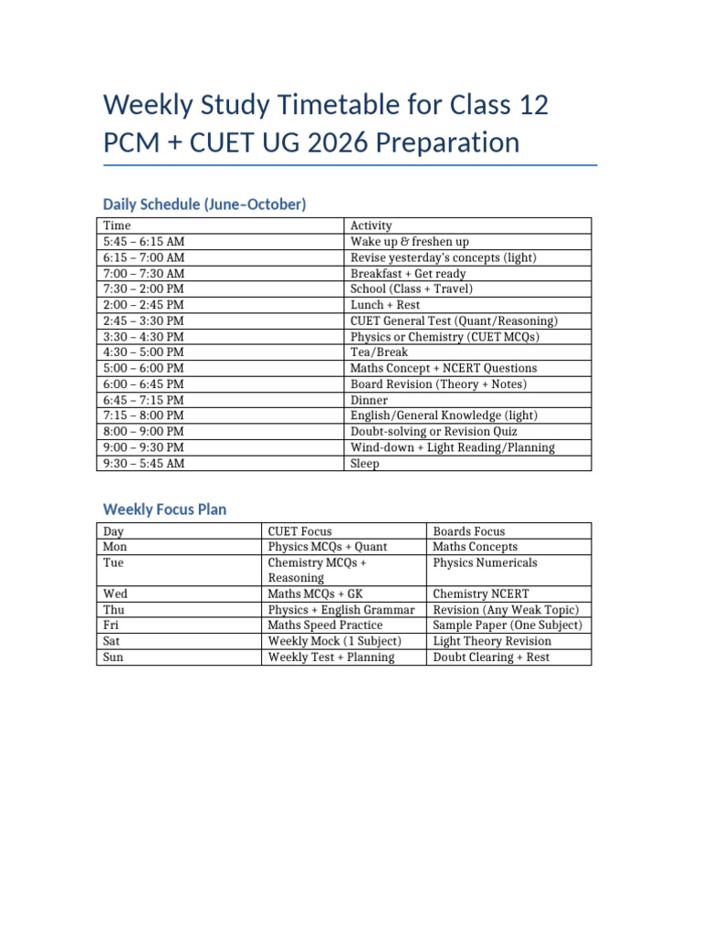 Weekly Study Timetable for Class 12 PCM | PDF
