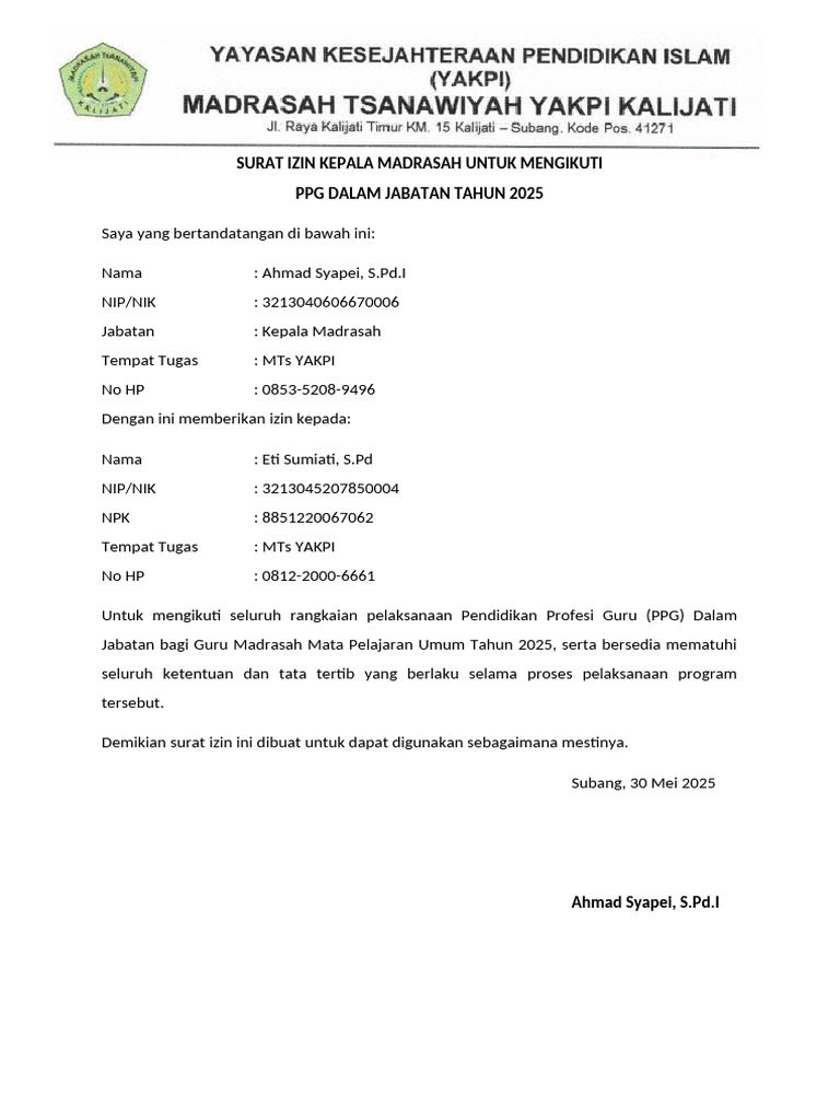 Surat Izin PPG Kepala Madrasah 2025 | PDF