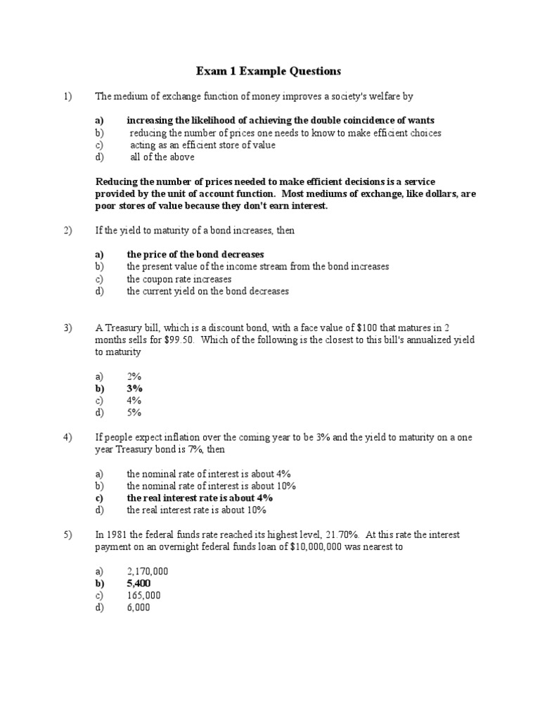 Exam 1 Multiple Choice Examples | Bonds (Finance) | Yield (Finance)