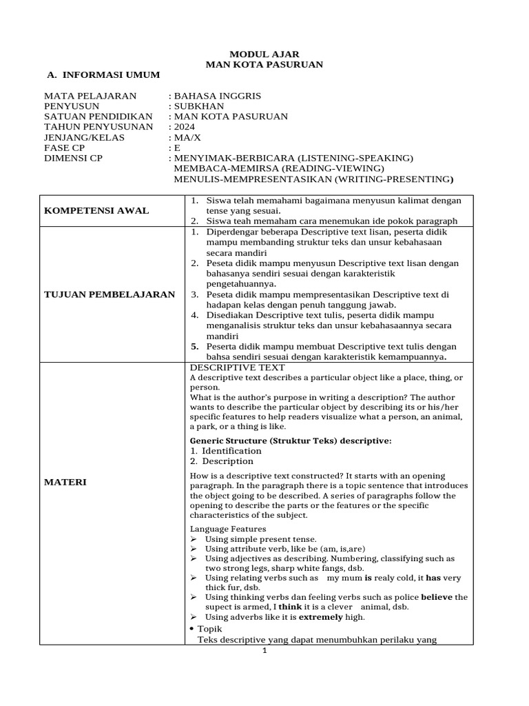 Modul Ajar Descriptive Text | PDF