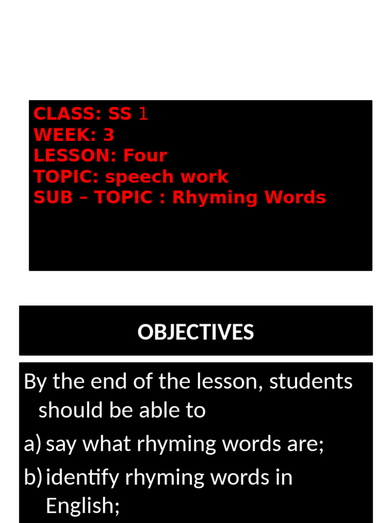 Ss1 3rd Term Week 3 Speech Work Rhyming Words | PDF