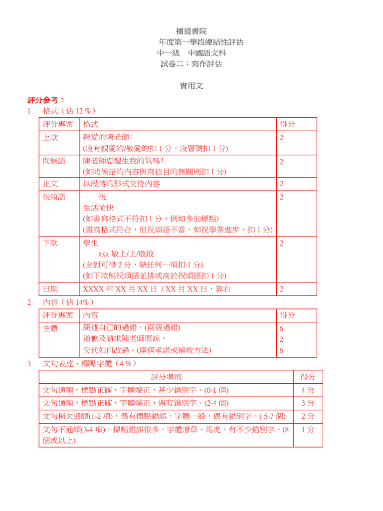 1314T1 - S.1 - Chi (Writing) - Marking Scheme | PDF