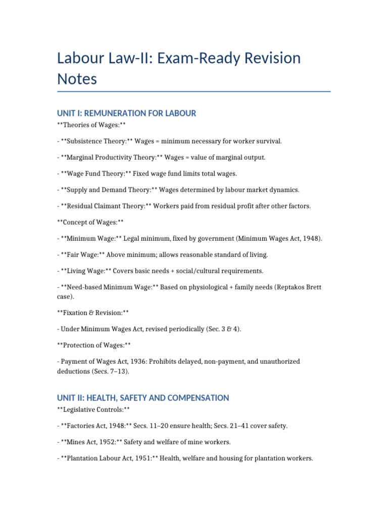 Labour Law II Revision Notes | PDF | Wage | Labour Law
