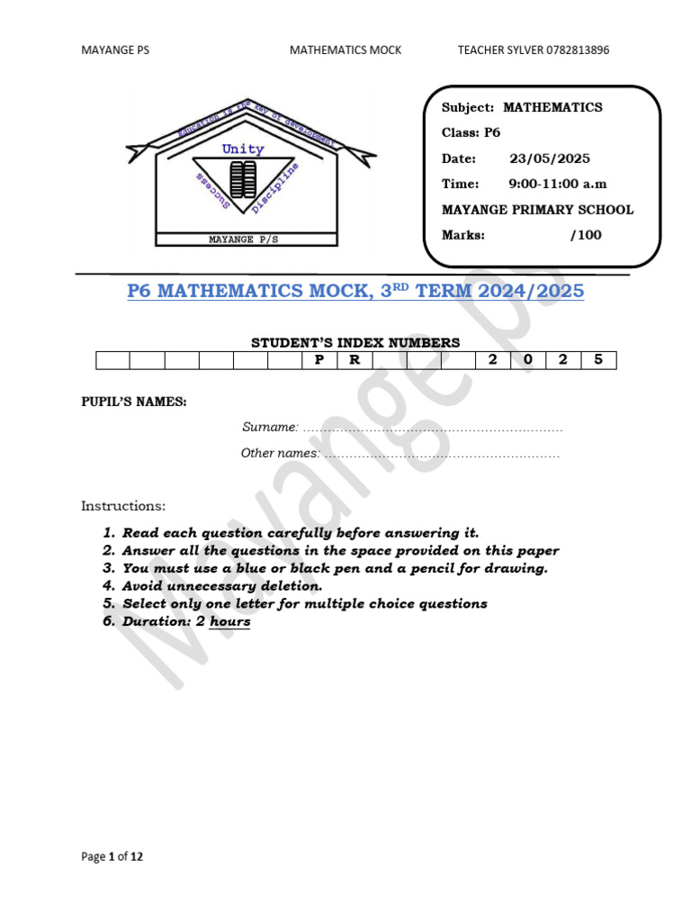 P6 Math Mock 23 05 2025 - 113337 | PDF | Area | Mathematics