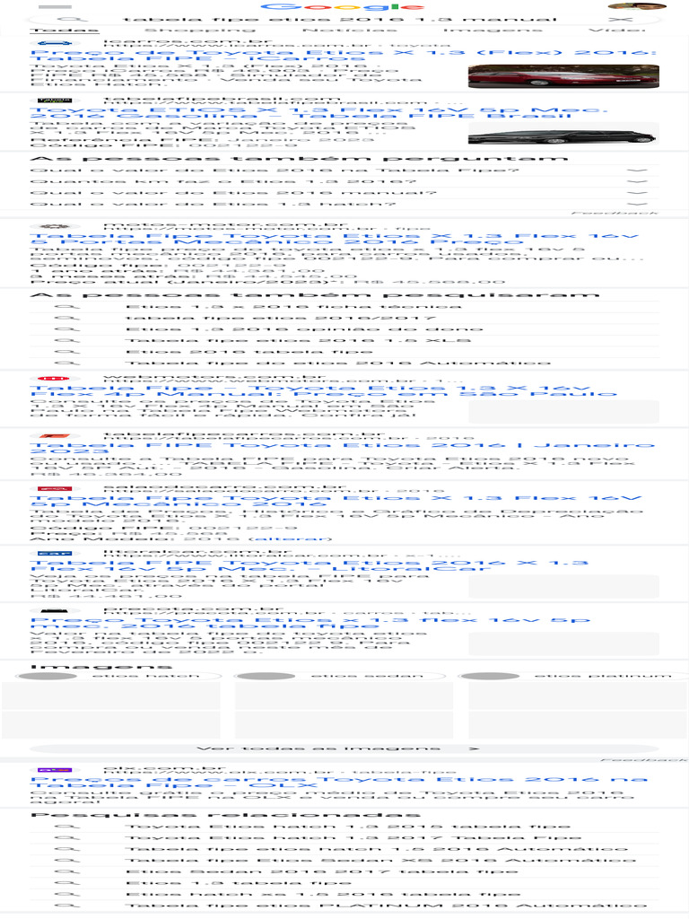 Tabela Fipe Etios 2016 1.3 Manual - Pesquisa Goog | PDF | Veículo motorizado | Veículos terrestres