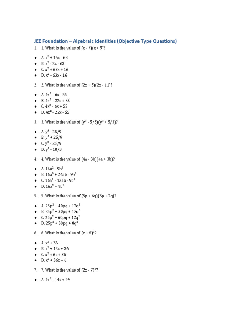 JEE Algebraic Identities Practice | PDF