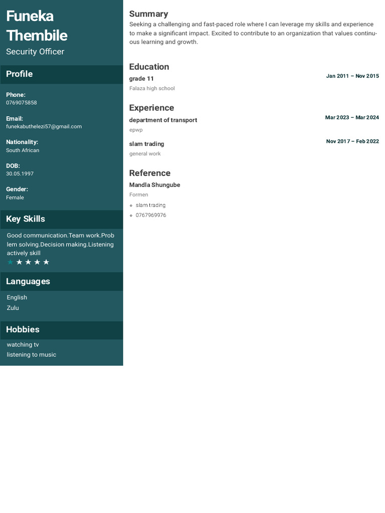 Funeka Resume 23 | PDF
