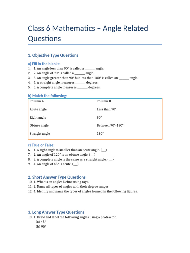 Class 6 Angle Questions With 12 13 Diagrams | PDF