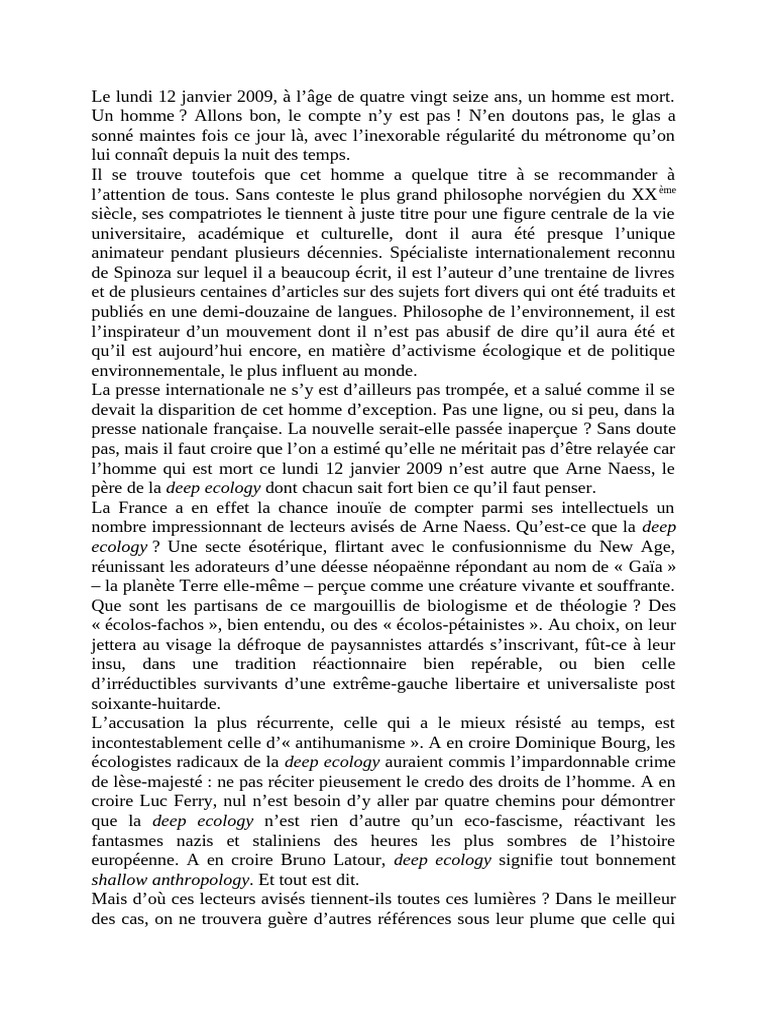 Arne Naess : Philosophe de la Deep Ecology | PDF