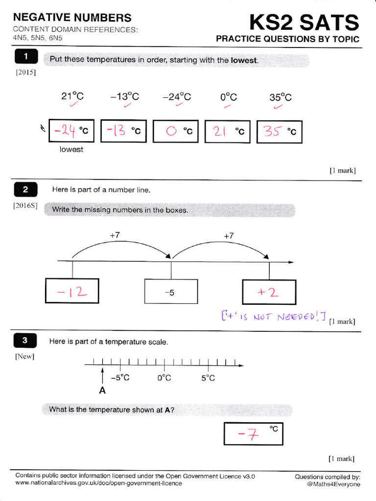 Negative Numbers Answers | PDF