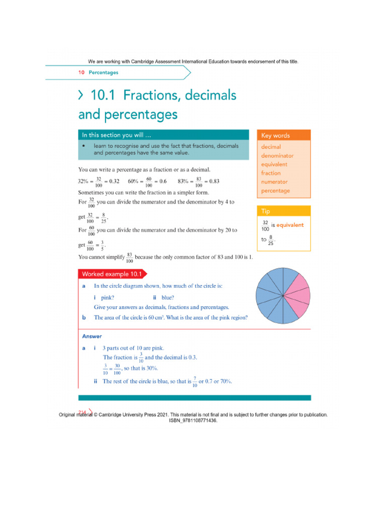 Text Book - Unit 10.1 Fractions, Decimals and Percentages | PDF