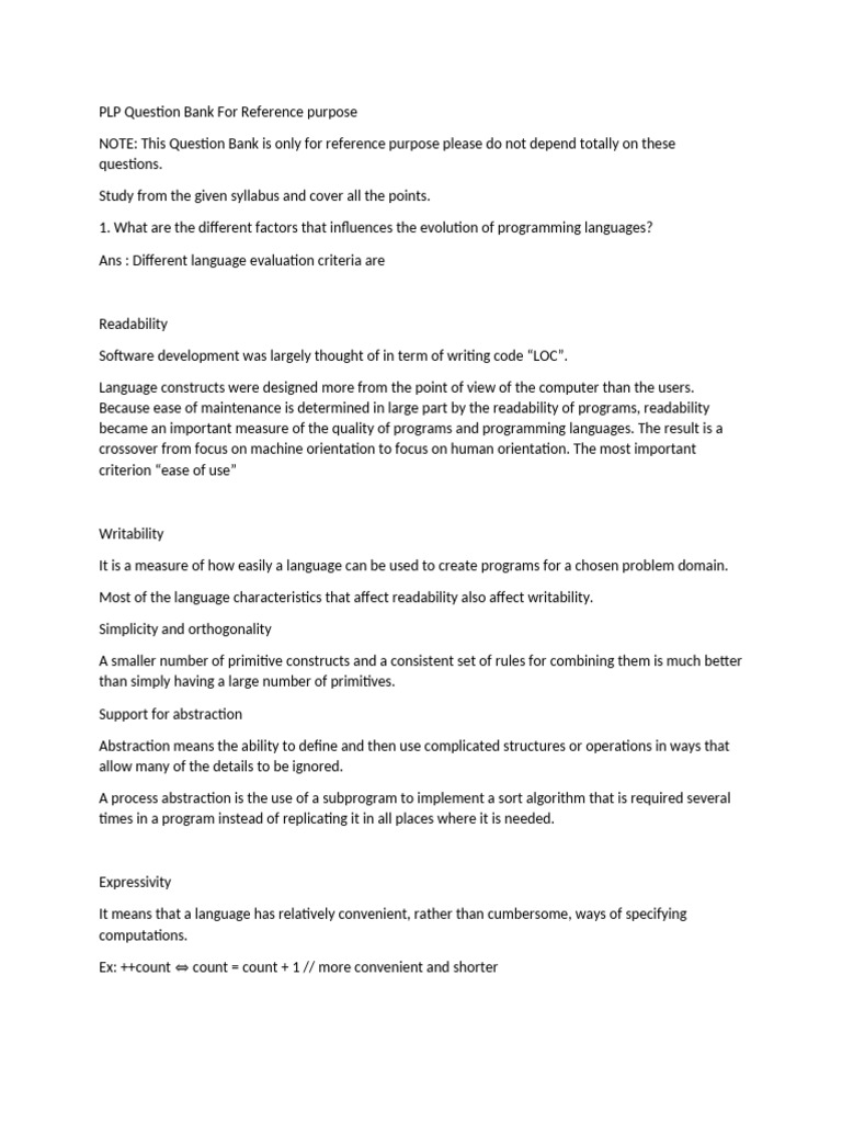 PLP Question Bank For Reference Purpose | PDF | Parameter (Computer Programming) | Variable ...