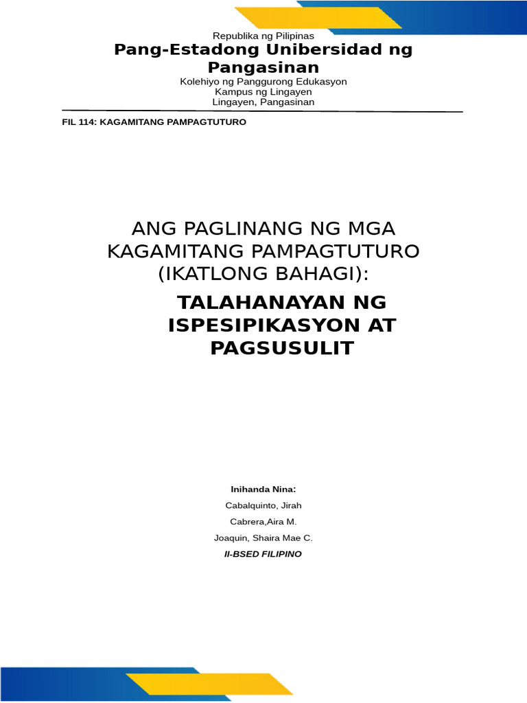 Talahanayan NG Ispesipikasyon (Kagamitan) | PDF