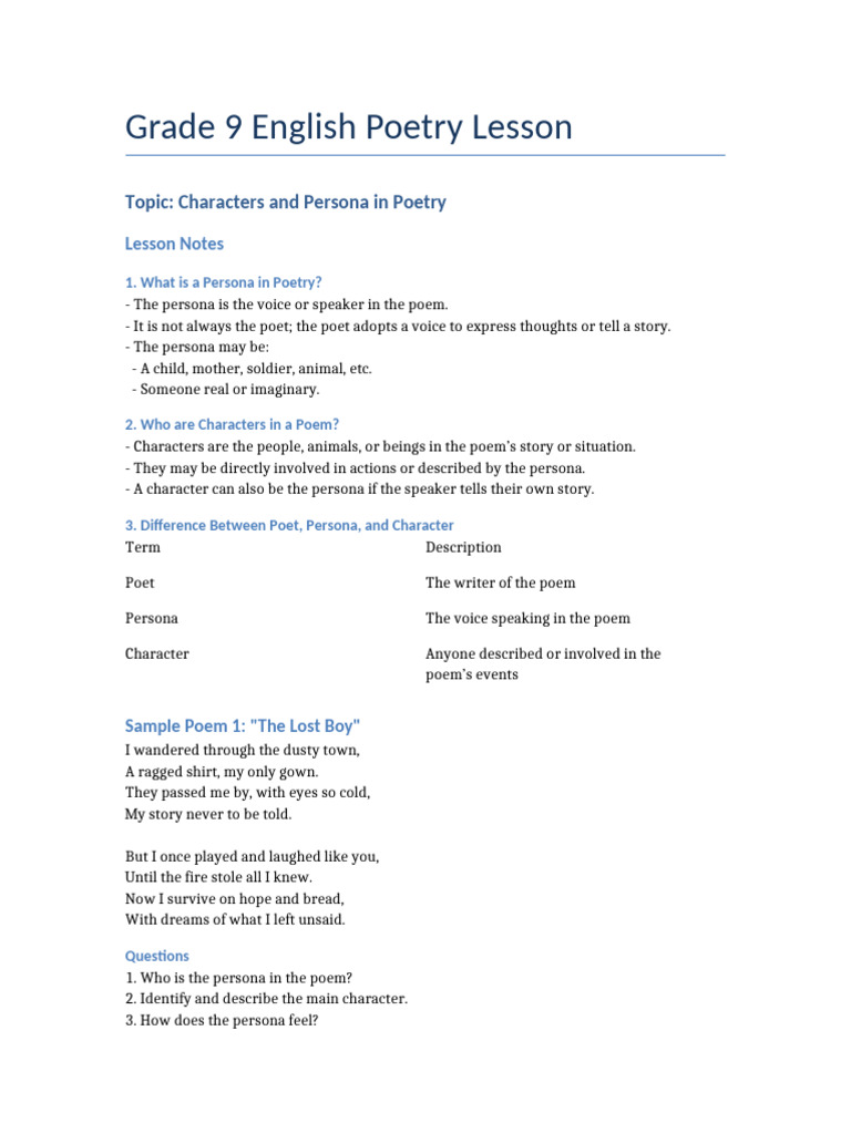 Grade 9 Poetry Lesson Characters and Persona | PDF | Poetry