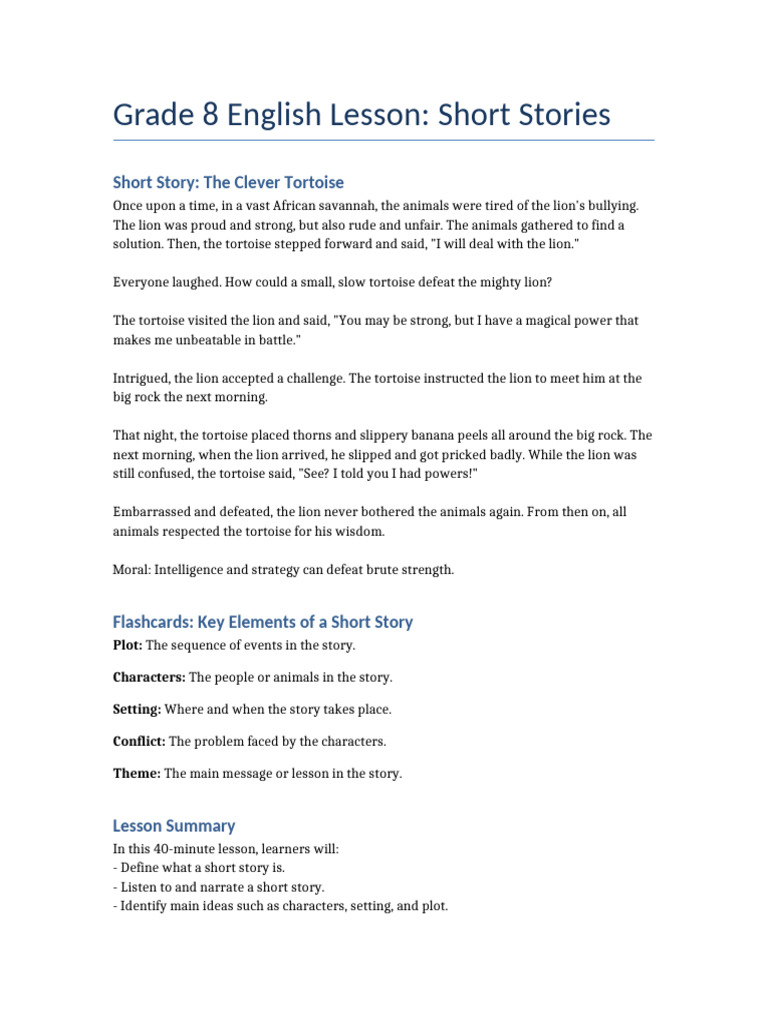 Grade 8 Short Story Lesson | PDF