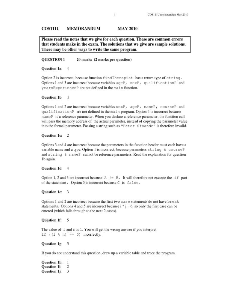 INP 1501 Examination - Solutions - May - June - 2010 | PDF | Parameter (Computer Programming ...