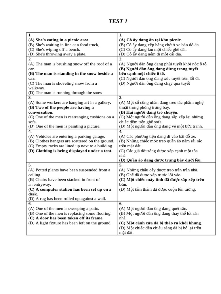 Đáp Án Test 2024 Part 1 +2 Test 1 Part 1 +2 Test 2 Part 1 Test 3 | PDF