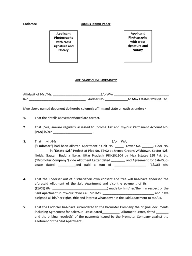 Transfer Affidavit From Endorsee Buyer | PDF | Indemnity | Affidavit