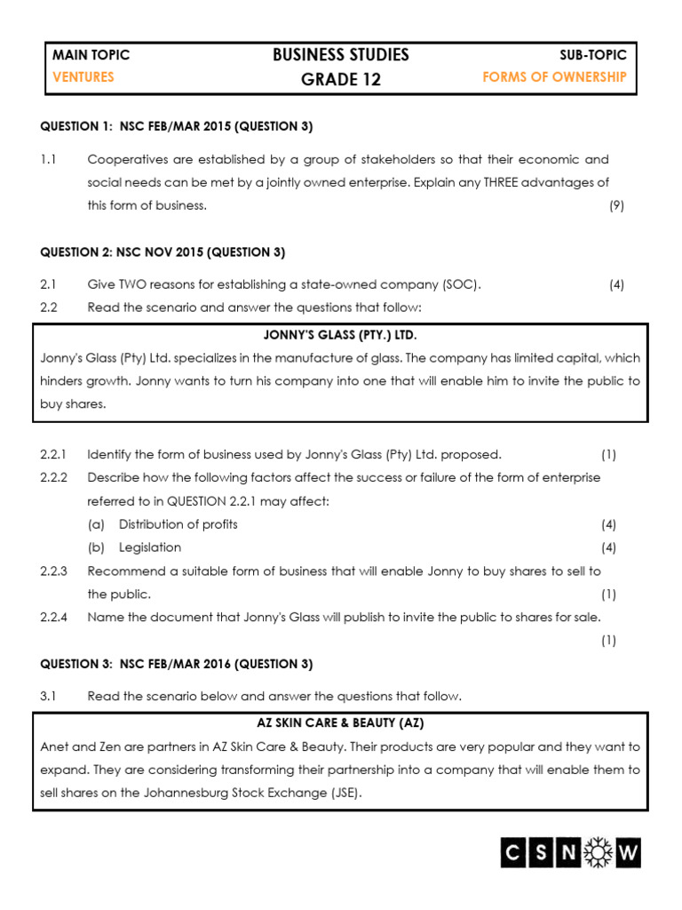 BSTD Gr12 Csnow Activities Forms of Ownership Eng | PDF | Business ...