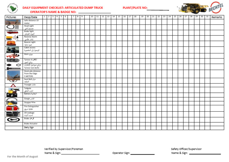 Articulated Dump Truck Checklist | PDF
