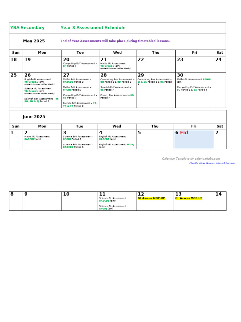 Y8 Assessment Schedule - Summer 2025 | PDF