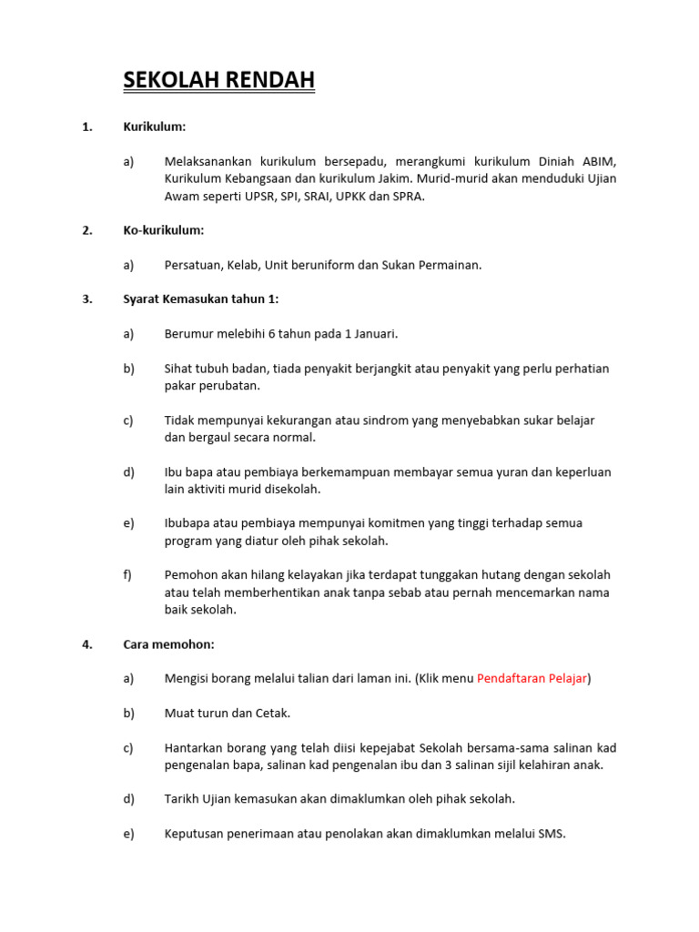 Arch2 Root Syarat Permohonan Masuk SEKOLAH RENDAH | PDF