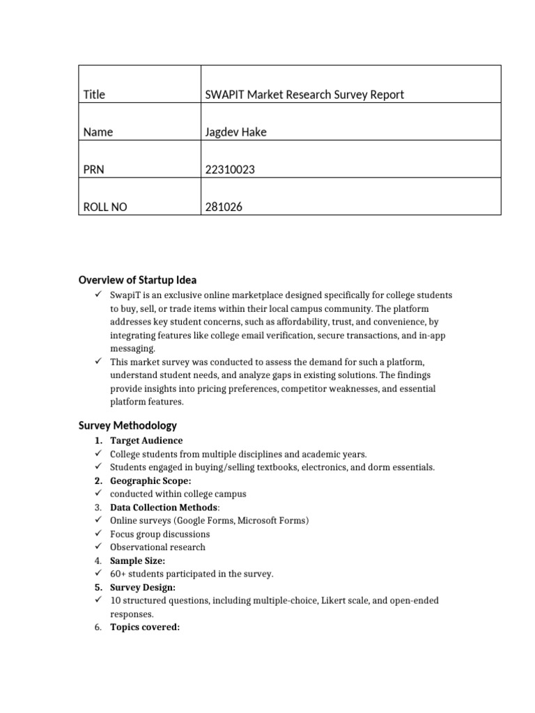 SWAPIT Market Survey Report Final | PDF | Marketing Research | Focus Group
