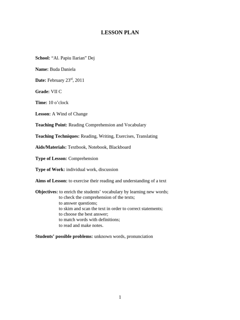 Plan Lectie 7C A Wind of Change | PDF | Reading Comprehension | Learning