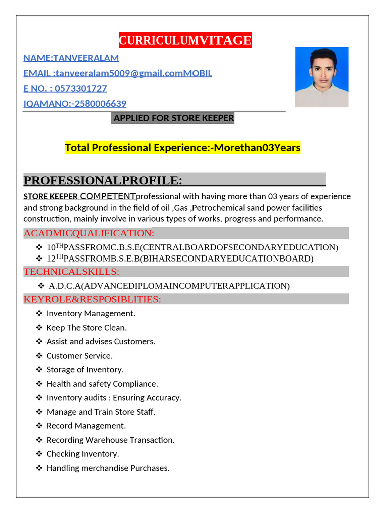 Tanveer CV Store Keeper | PDF