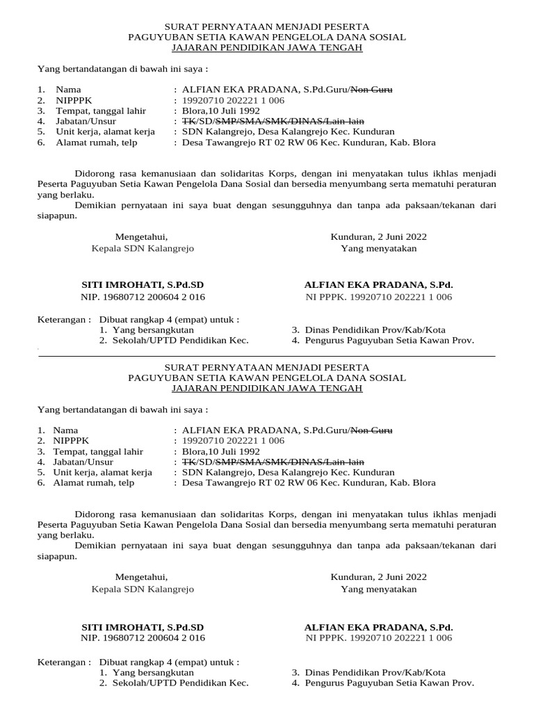 Alfian - Surat Pernyataan Menjadi Peserta Dansos | PDF