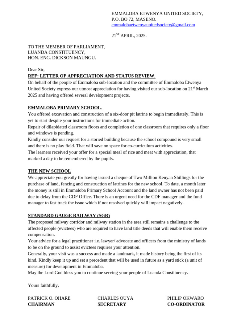 Letter of Appreciation and Status Review | PDF