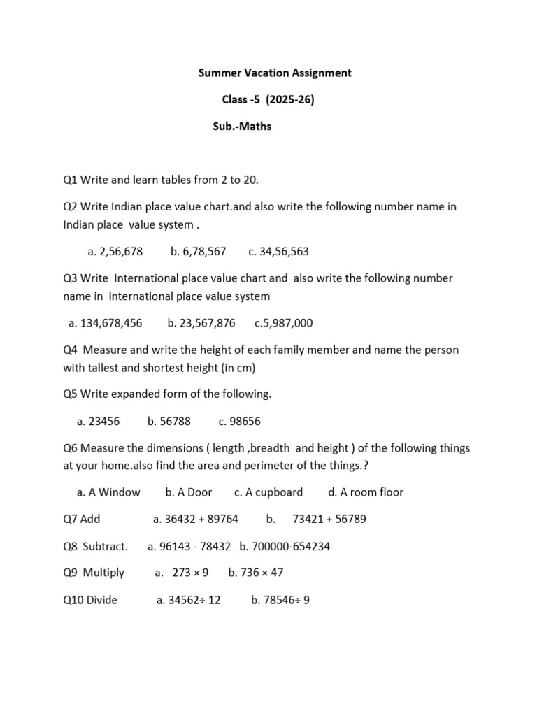 Summer Vacation Assignment Class-5 | PDF