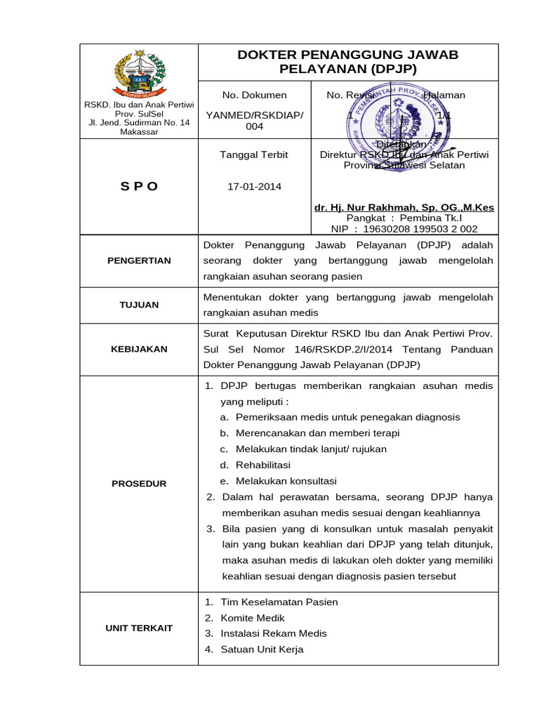 YANMED-004-SPO Dokter Penanggung Jawab Pelayanan (DPJP) | PDF