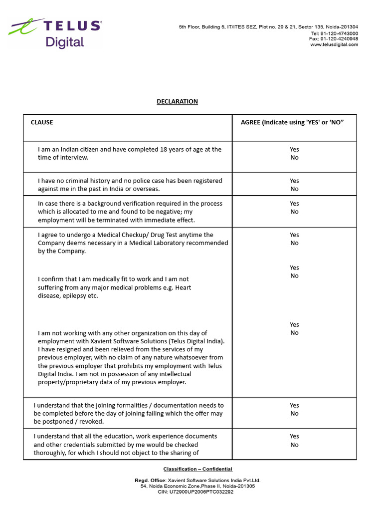 Declaration+ +Telus+Digital+Noida | PDF