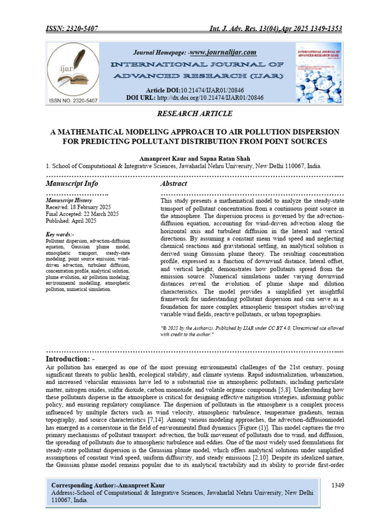 A Mathematical Modeling Approach To Air Pollution Dispersion For ...
