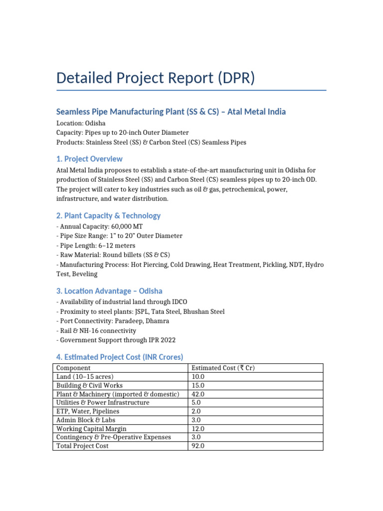 Atal Metal SS CS Seamless Pipe Project DPR | PDF | Pipe (Fluid Conveyance) | Steel