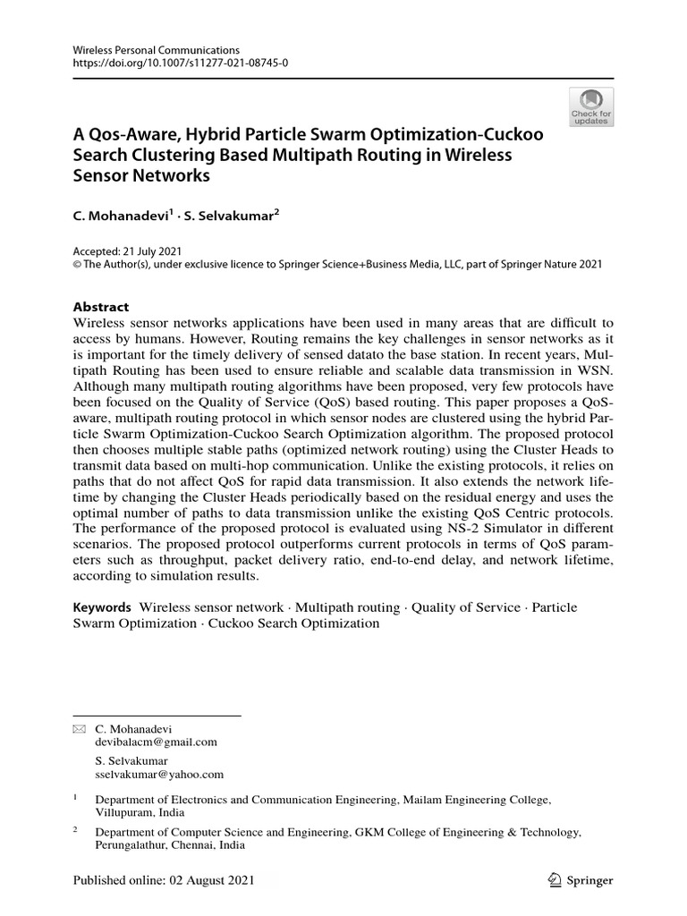 4 A Qos‑Aware, Hybrid Particle Swarm Optimization‑Cuckoo | PDF | Routing | Wireless Sensor Network