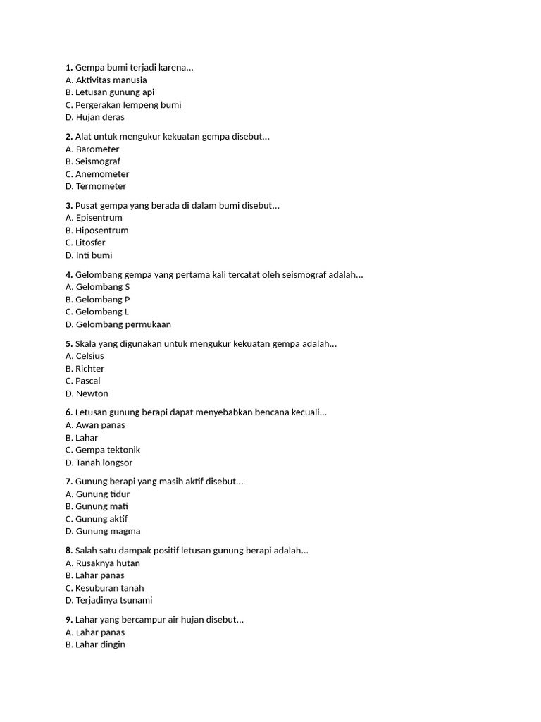 Soal Gempa Bumi Dan Gunung Berapi | PDF