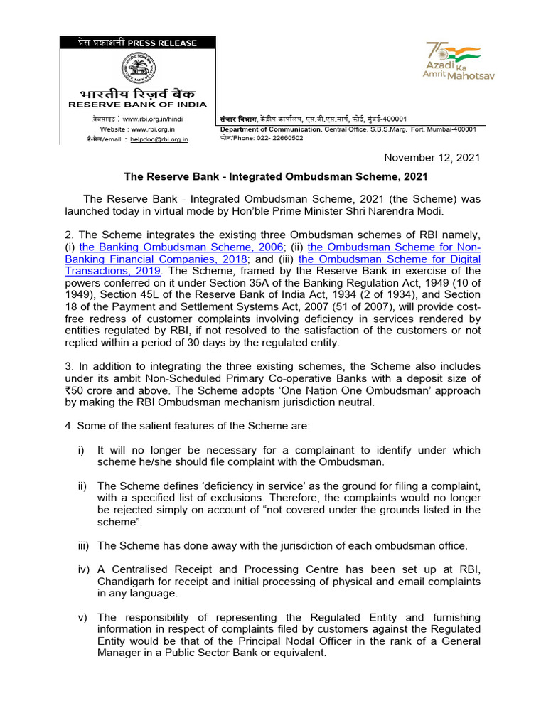 RBI Integrated Ombudsman Scheme 2021 | PDF | Reserve Bank Of India