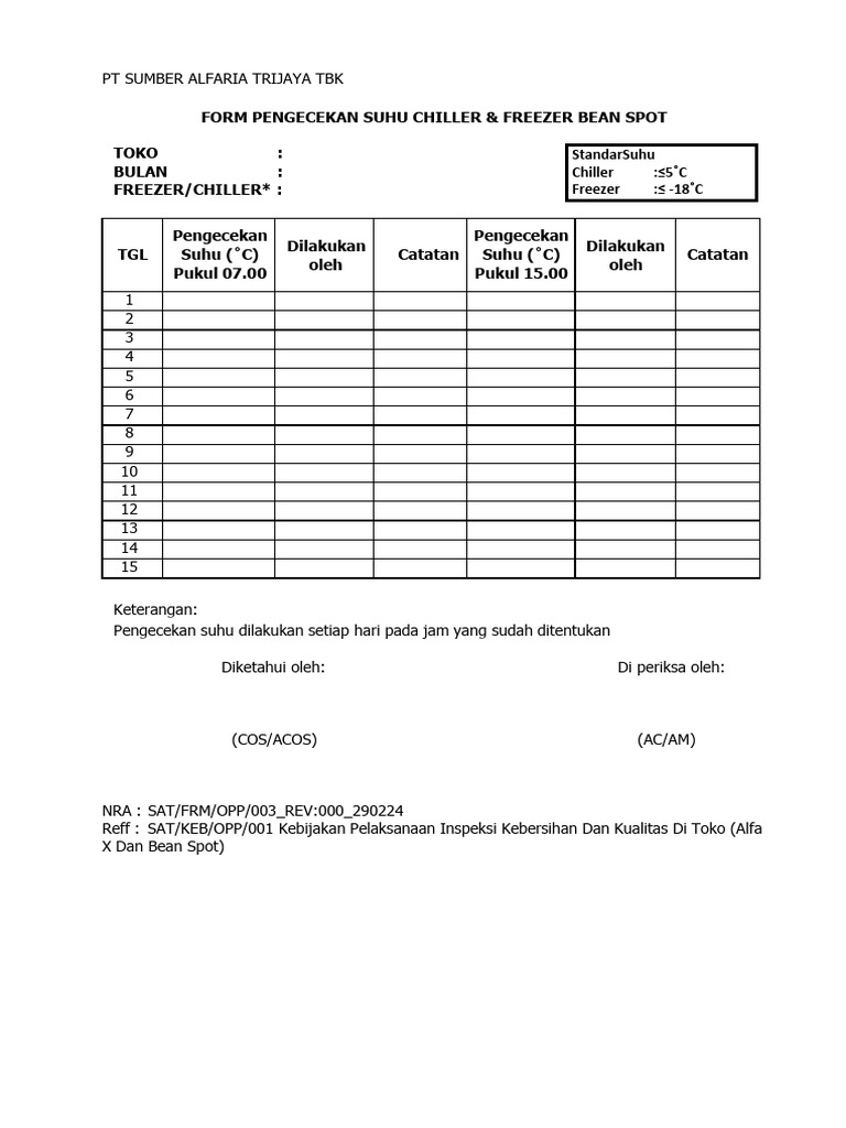 Form Pengecekan Suhu Chiller Dan Freezer - FRM - OPP - 003 | PDF