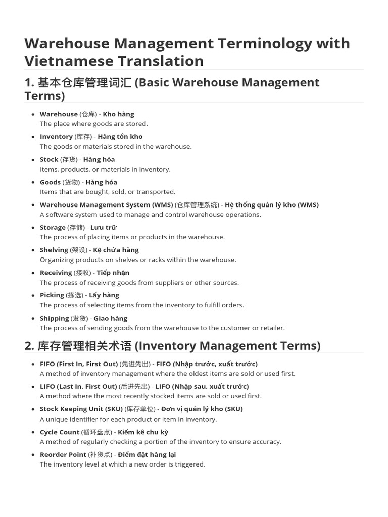 Warehouse Management Terminology With Vietnamese Translation | PDF ...