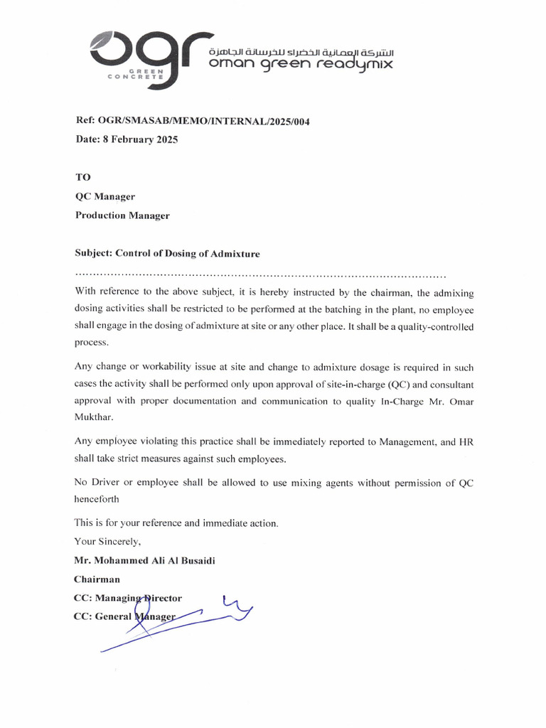 Memo Control of Dosing of Admixture | PDF