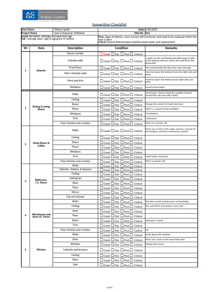 Villa Inspection Checklist - Sara Compound | PDF | Shower | Bathroom