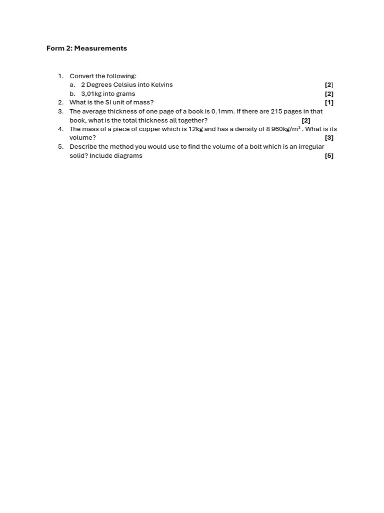 Form 2 Measurements Exercise | PDF